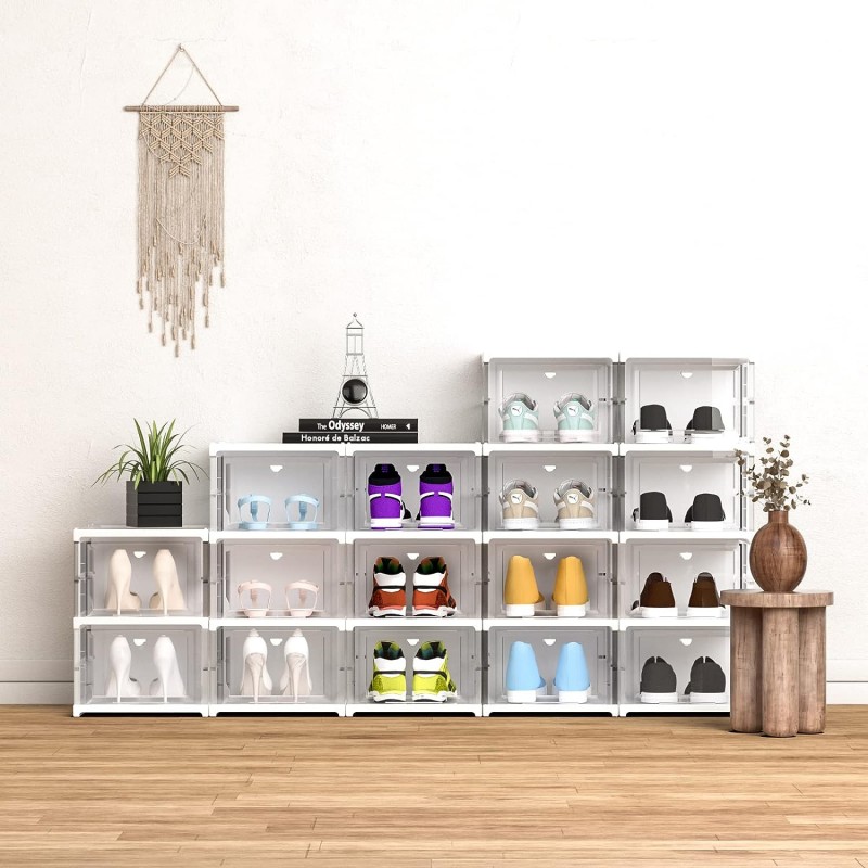 Shoe Storage Boxes - Clear Plastic Foldable Shoe Organizer with Doors ...