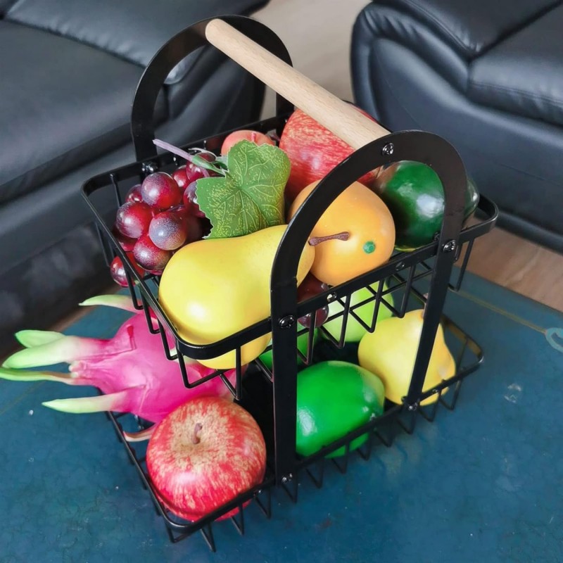 Fruit Storage Basket 2-tier Kitchen Countertop Storage Rack With Wooden ...
