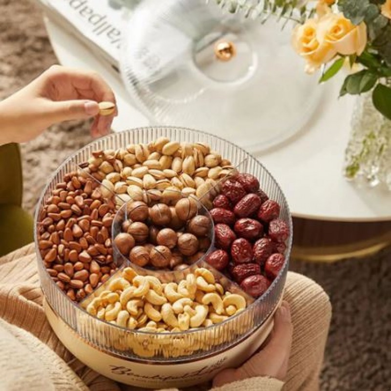 5 Grid Snack Plate with Lid Moisture-proof 360 Rotating Candy Nut ...