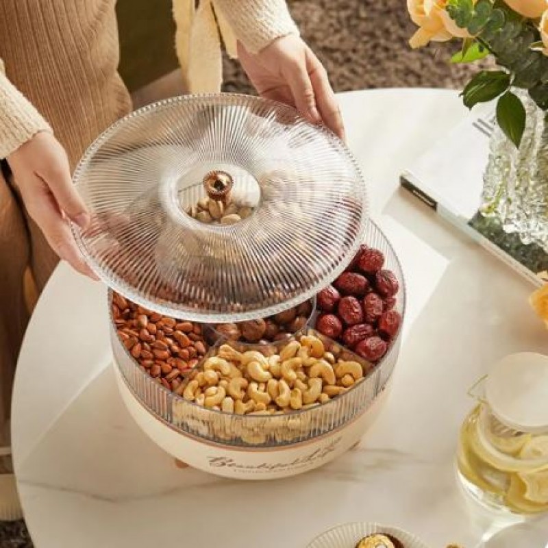 5 Grid Snack Plate with Lid Moisture-proof 360 Rotating Candy Nut ...