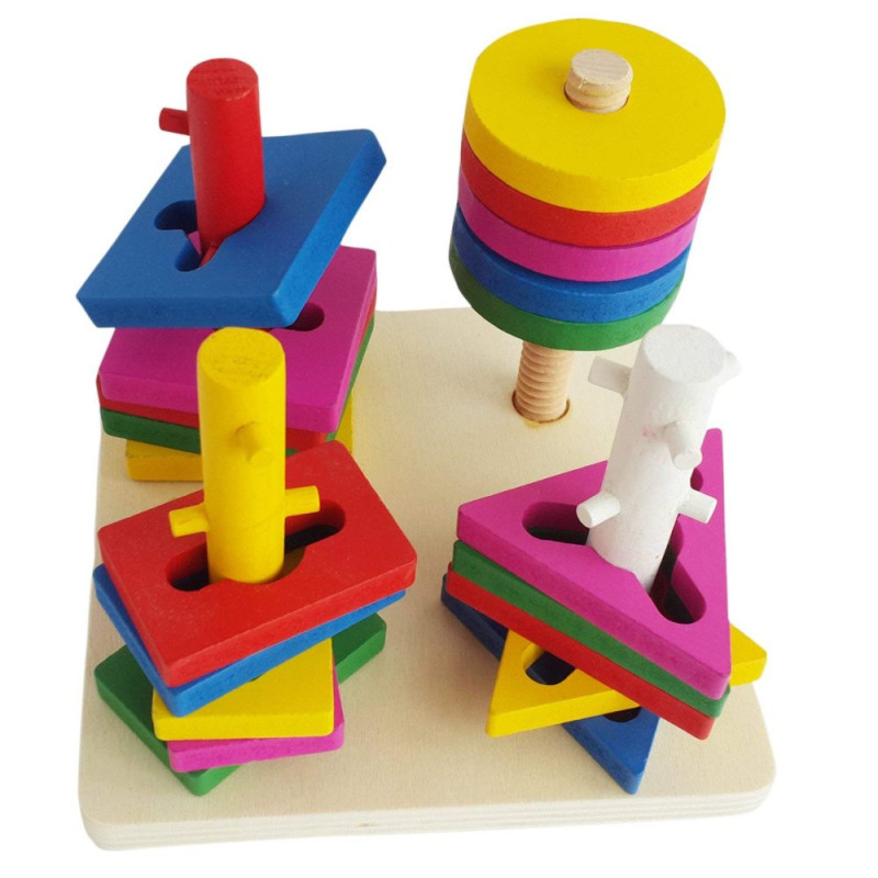 Educational Wooden Building Blocks - Four Column Geometric Shape Puzzle ...