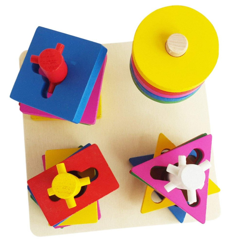 Educational Wooden Building Blocks - Four Column Geometric Shape Puzzle ...
