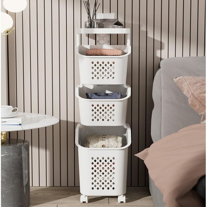 3 Tier Plastic Laundry Hamper with Wheels - Multipurpose Large Laundry ...