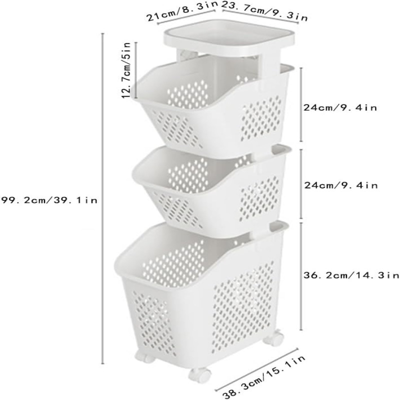 3 Tier Plastic Laundry Hamper with Wheels - Multipurpose Large Laundry ...