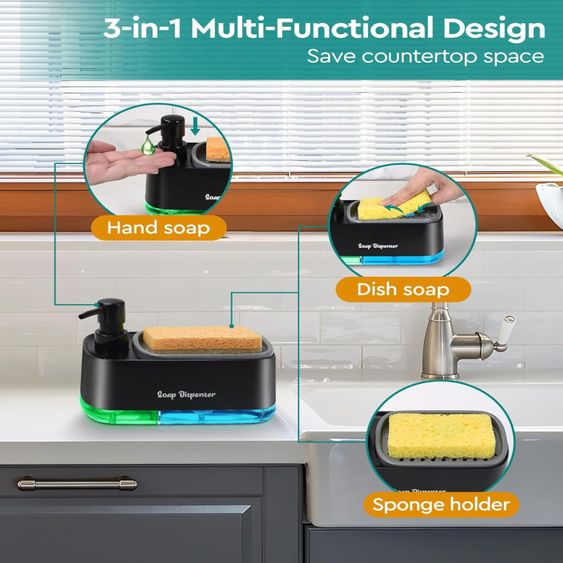 Dish Soap Dispenser & Hand Soap Dispenser Set with Sponge Holder - 3 in ...